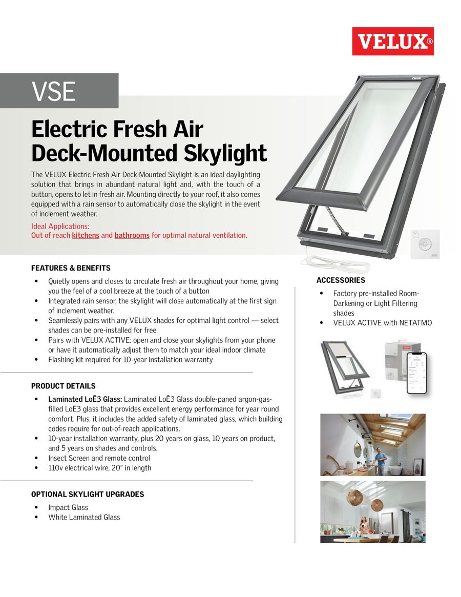 Electric “Fresh Air” Deck-Mounted Skylight - VSE by VELUX Skylights