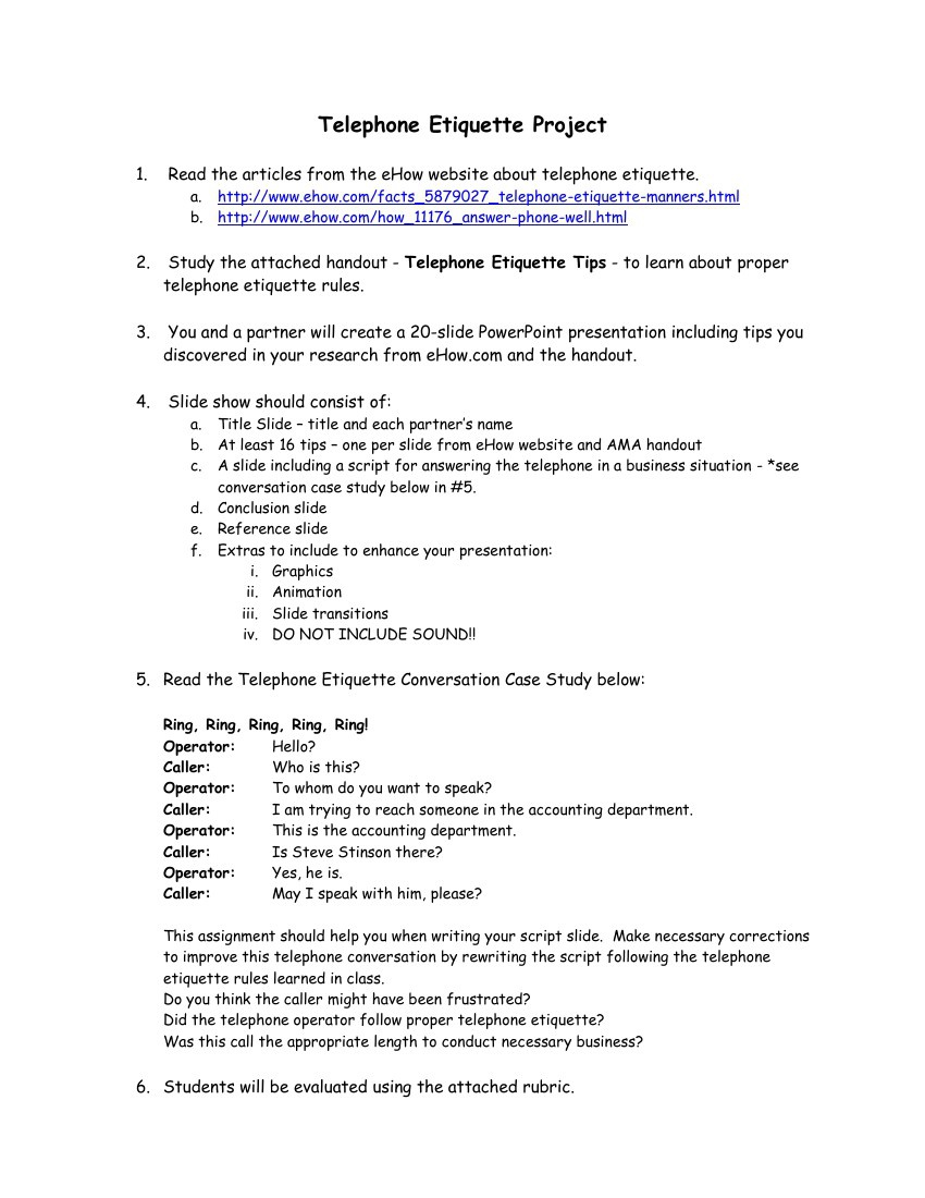 Telephone Etiquette Project & Rubric by kwaltz48 - Flipsnack