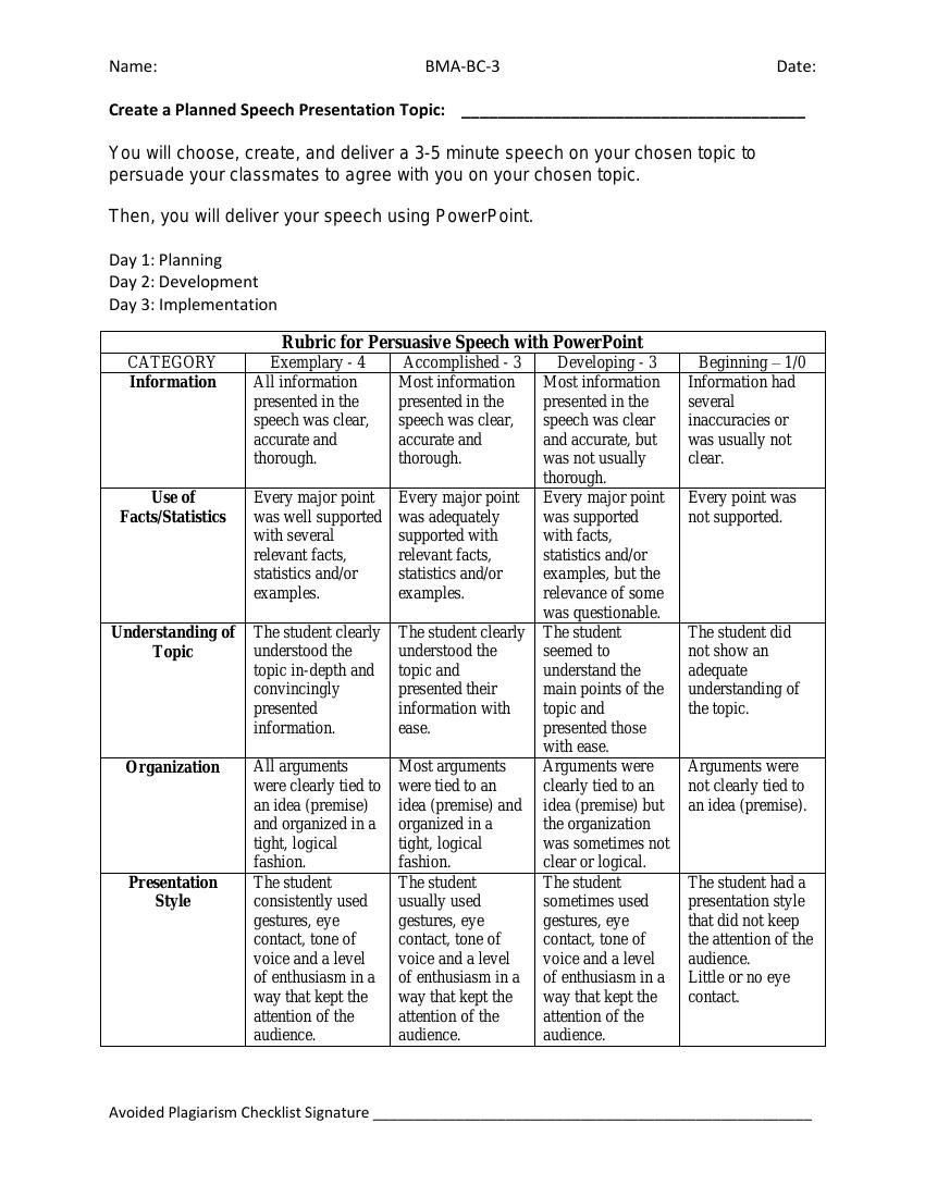 Rubric for Persuasive Speech with PowerPoint by C. Thompkins - Flipsnack