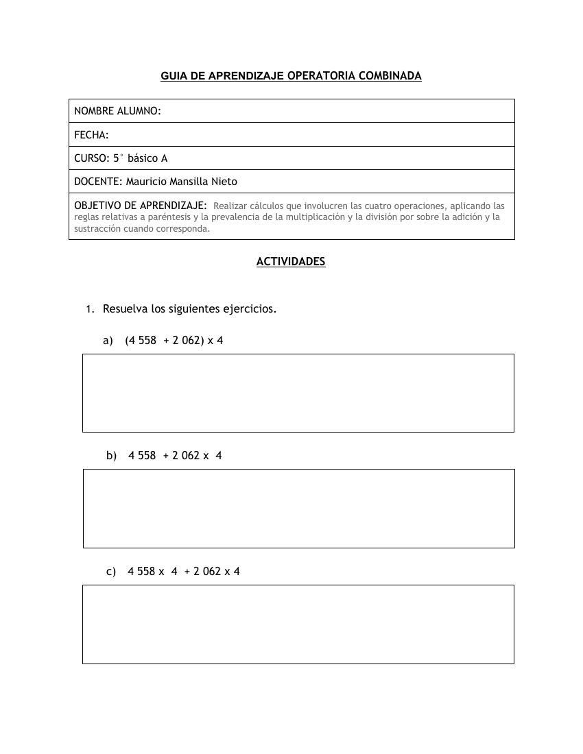 Guía Actividades 5° Básico Operaciones Combinadas Números y ope by ...