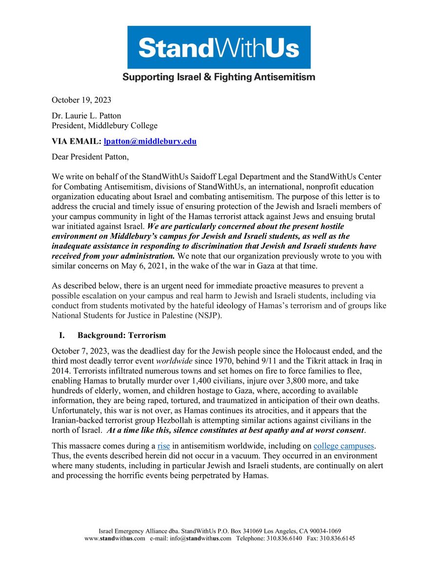 Letter to Middlebury October 2023 by StandWithUs - Flipsnack