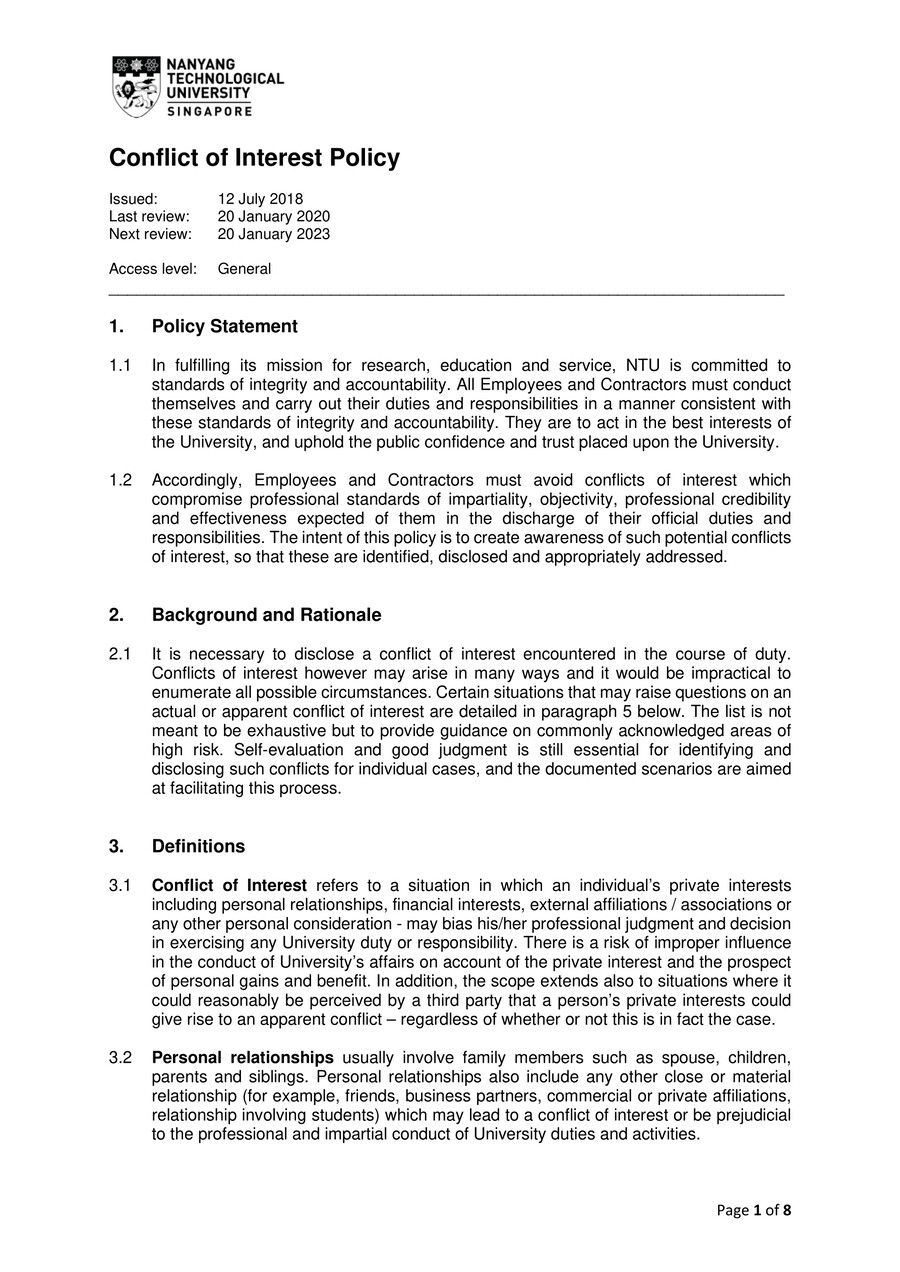 Conflict of Interest Policy by NTU