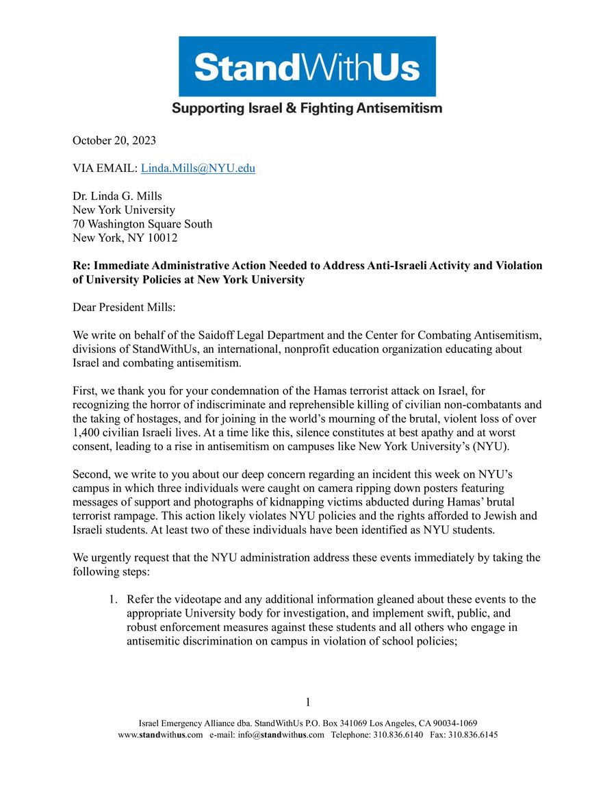 Letter to NYU October 2023 by StandWithUs - Flipsnack