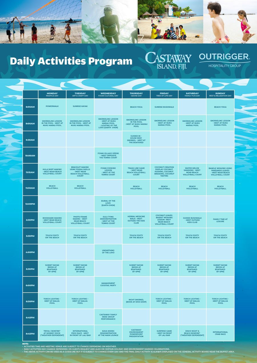 Daily Activities Program All Ages Castaway Island, Fiji by OUTRIGGER... - Flipsnack