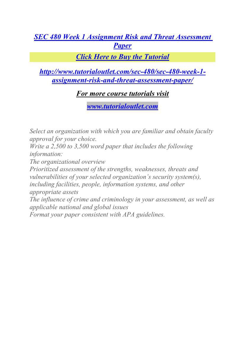 SEC 480 Week 1 Assignment Risk and Threat Assessment Paper by ...