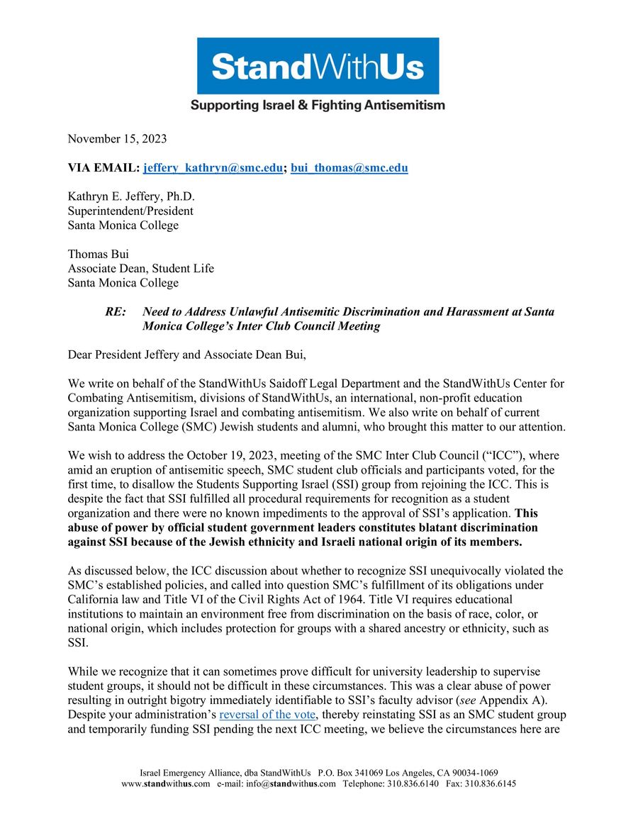 Letter to Santa Monica College Nov 2023 by StandWithUs - Flipsnack