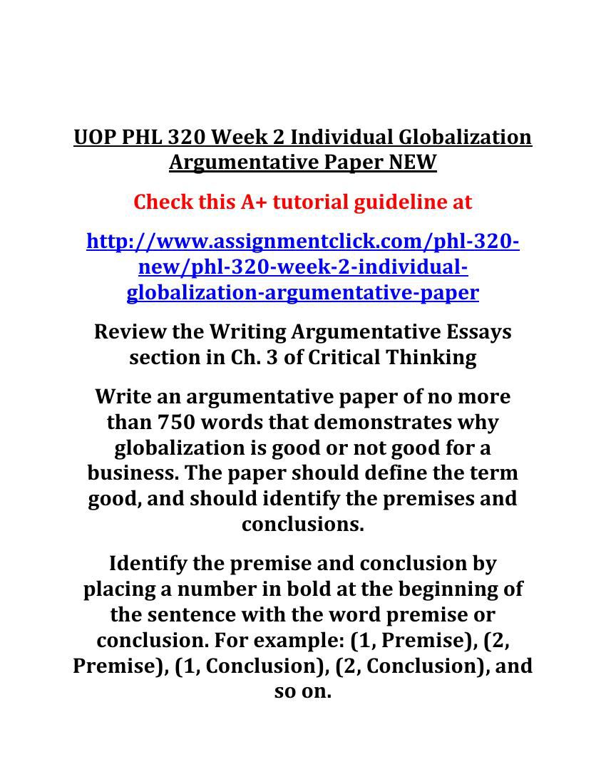 UOP PHL 320 Week 2 Individual Globalization Argumentative Paper by ...