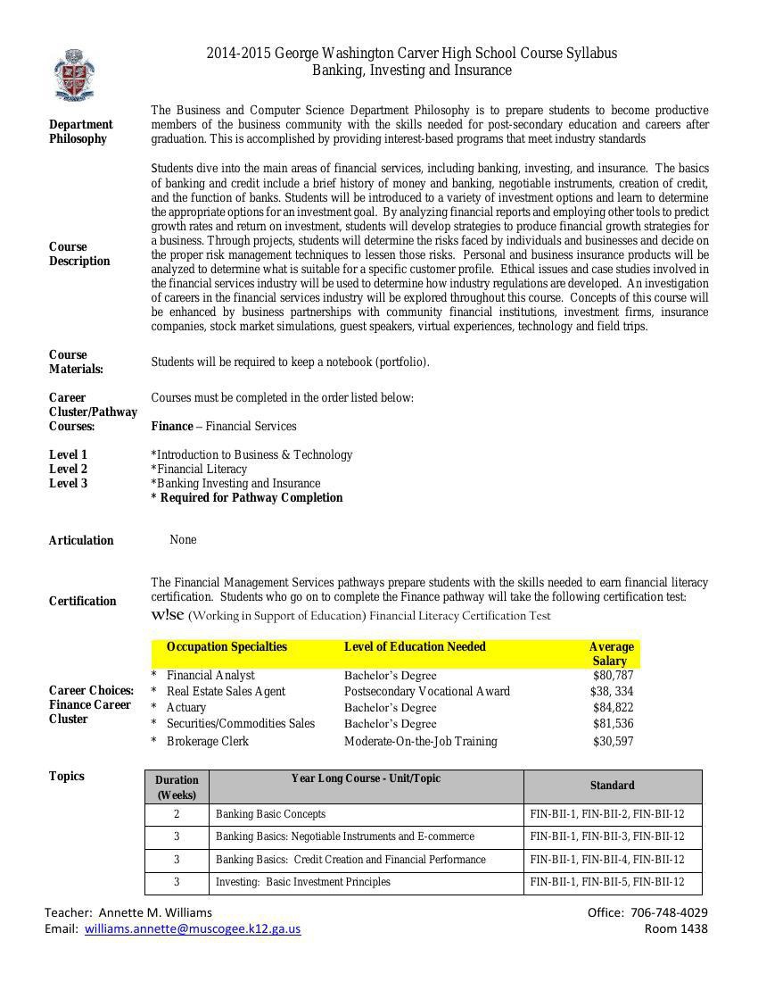 Banking, Investing & Insurance Syllabus and Pacing Guide by Annette ...