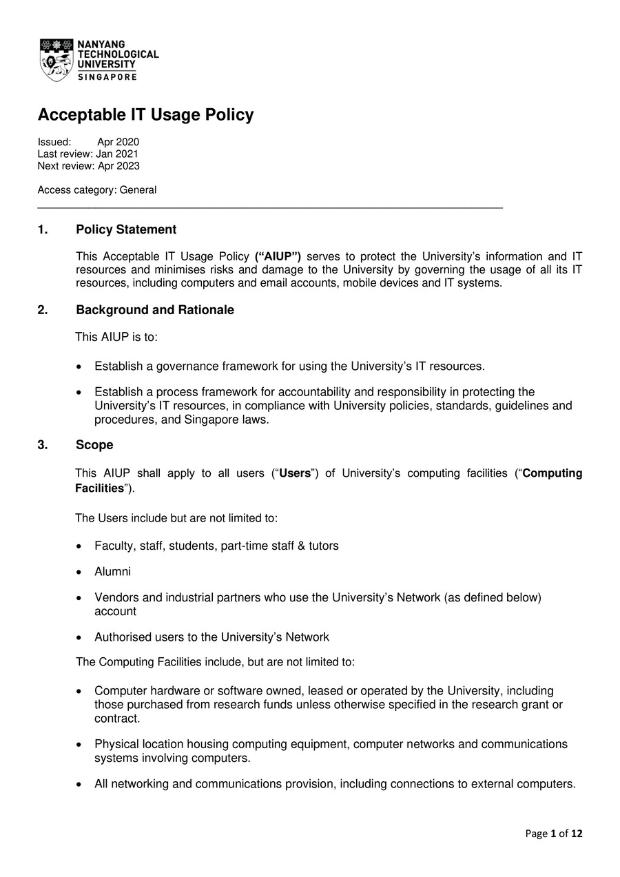 Acceptable IT Usage Policy by NTU