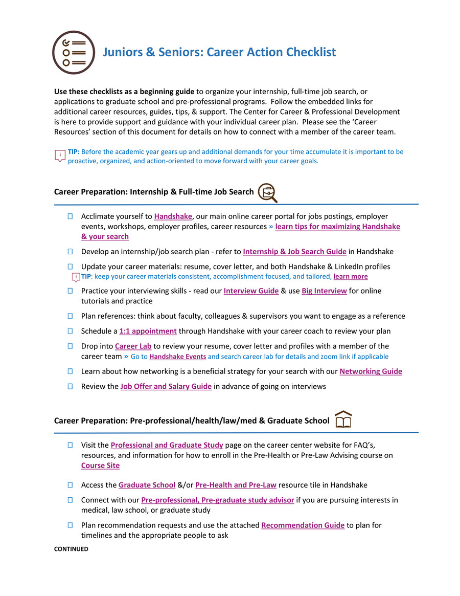 Lehigh Junior & Senior Career Action Checklist by Center for Career ...