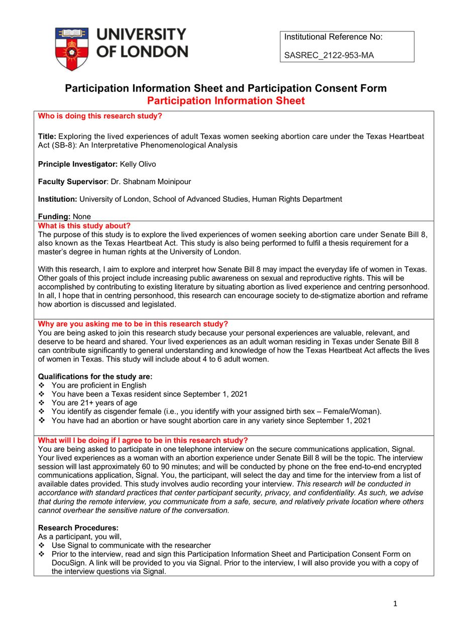 Participation Information Sheet and Participation Consent by Kelly ...
