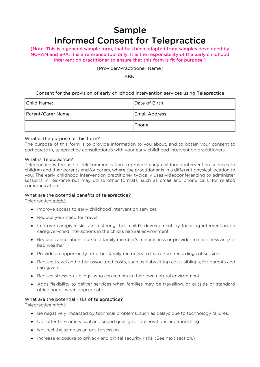 ECIA Telepractice Informed Consent Sample Form by Reimagine Australia ...