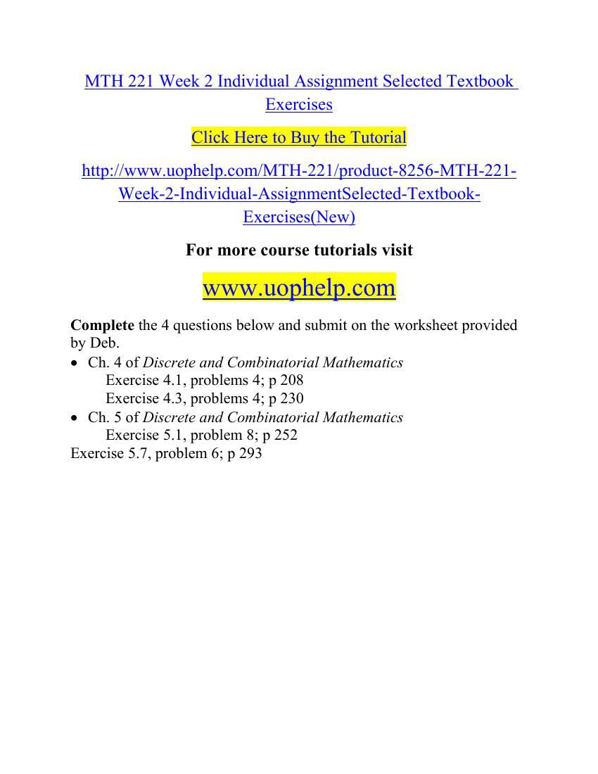 MTH 221 Week 2 Individual Assignment Selected Textbook Exercises by ...