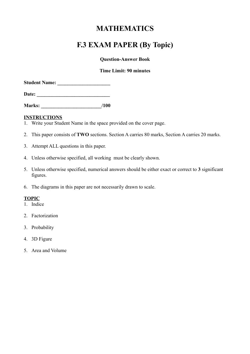 F.3 Mathematics Exam Paper (By Topic) (1) by Henry Leung - Flipsnack