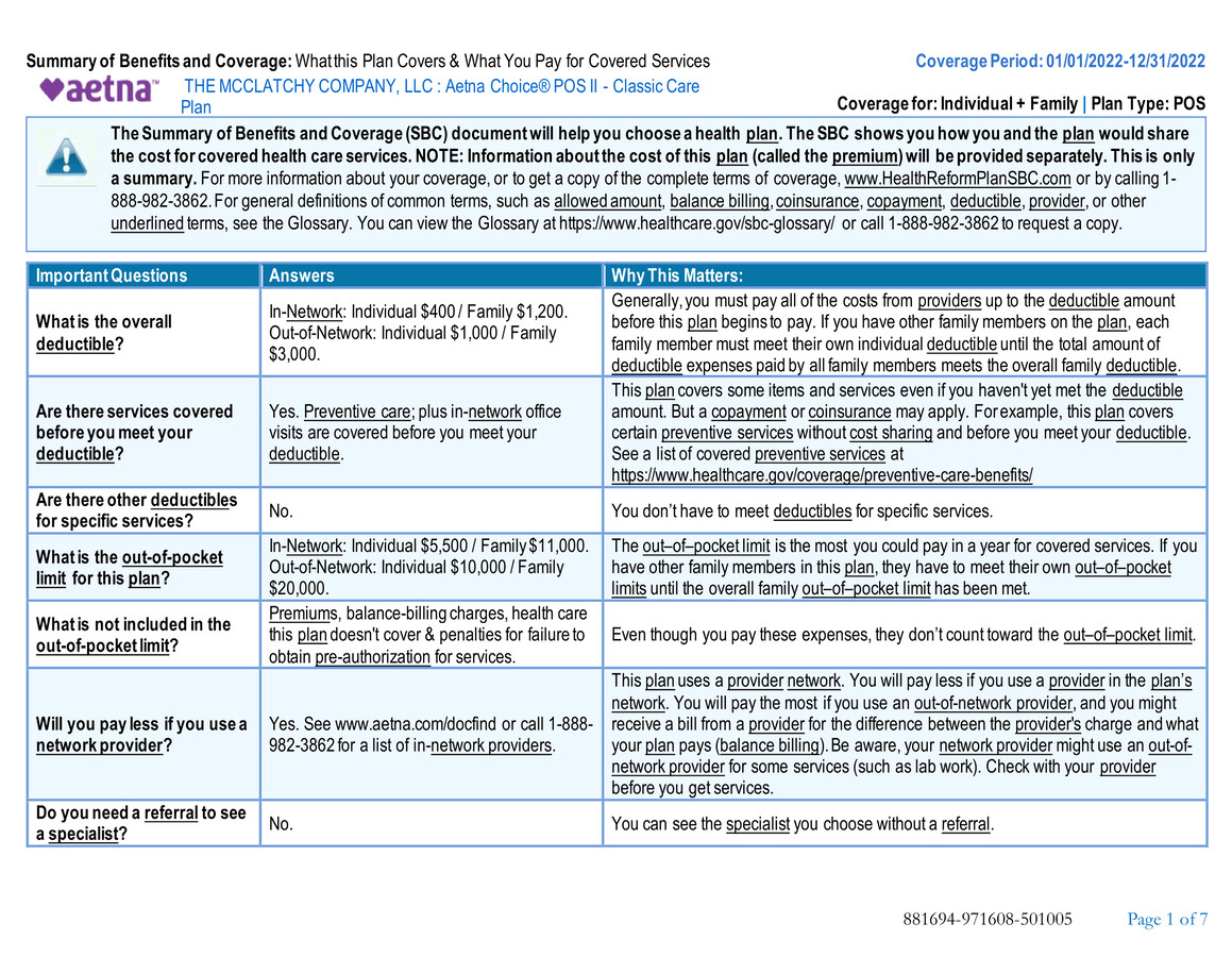 McClatchy Classic Care Plan SBC - 2022 by McClatchy Livewell - Flipsnack