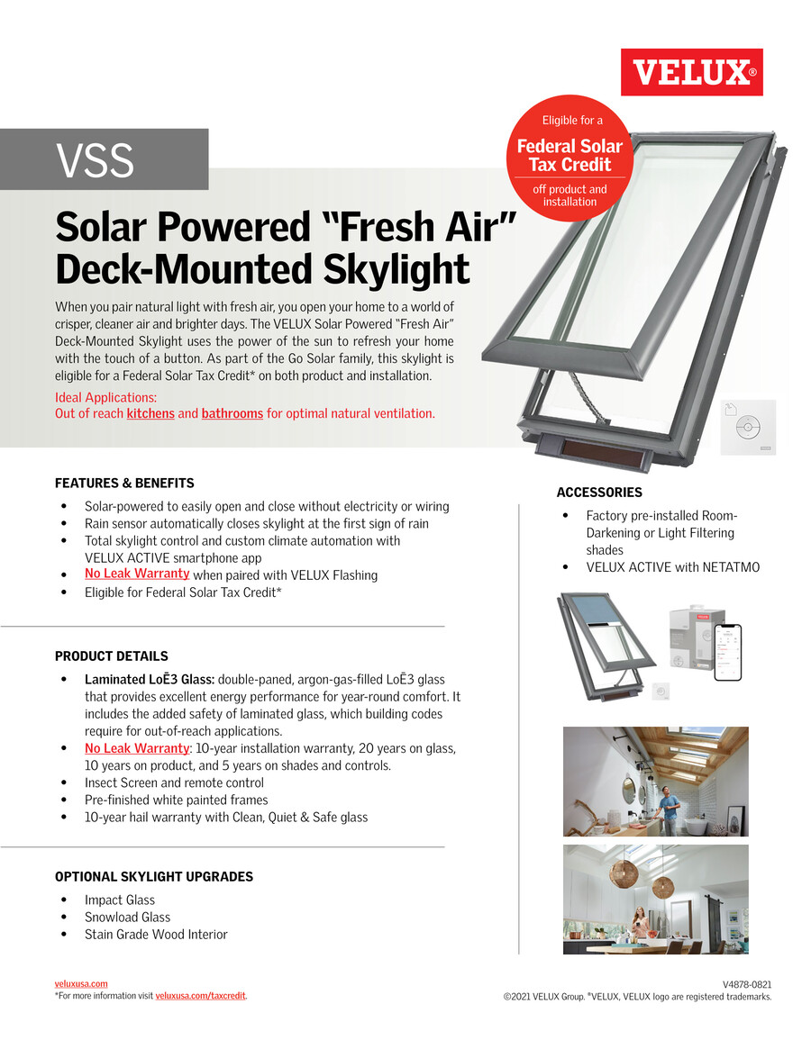 Solar Powered “Fresh Air” Deck-Mounted Skylight - VSS by VELUX Skylights