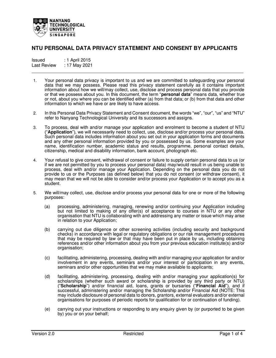 NTU Personal Privacy Statement and Consent by Student Applicants by NTU