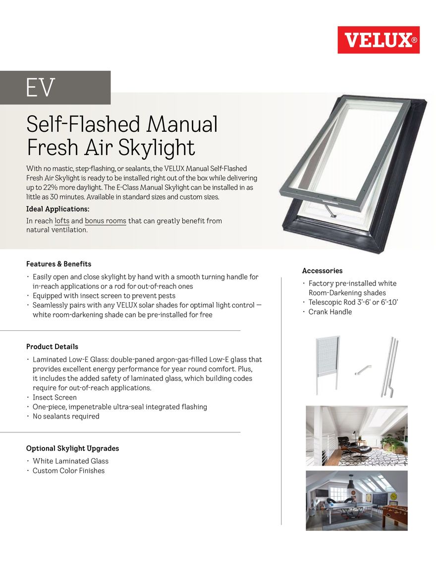 Self-Flashed Manual “Fresh Air” Skylight - EV by VELUX Skylights