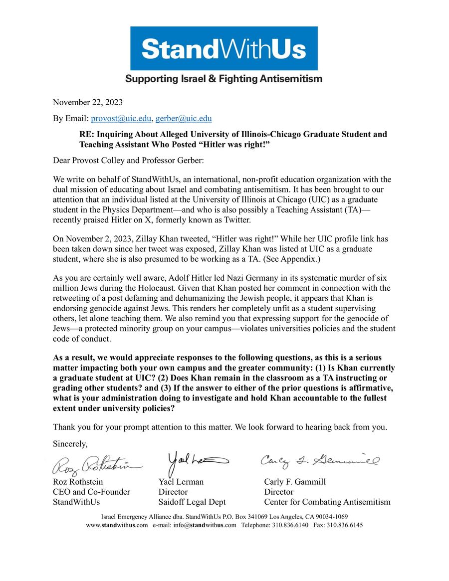 Letter to UIC November 2023 by StandWithUs - Flipsnack