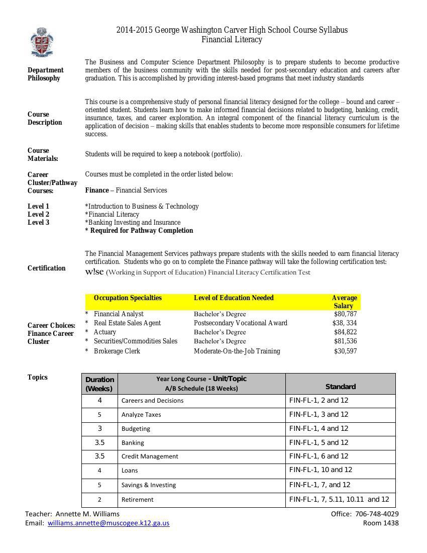 Financial Literacy Syllabus and Pacing Guide by Annette - Flipsnack