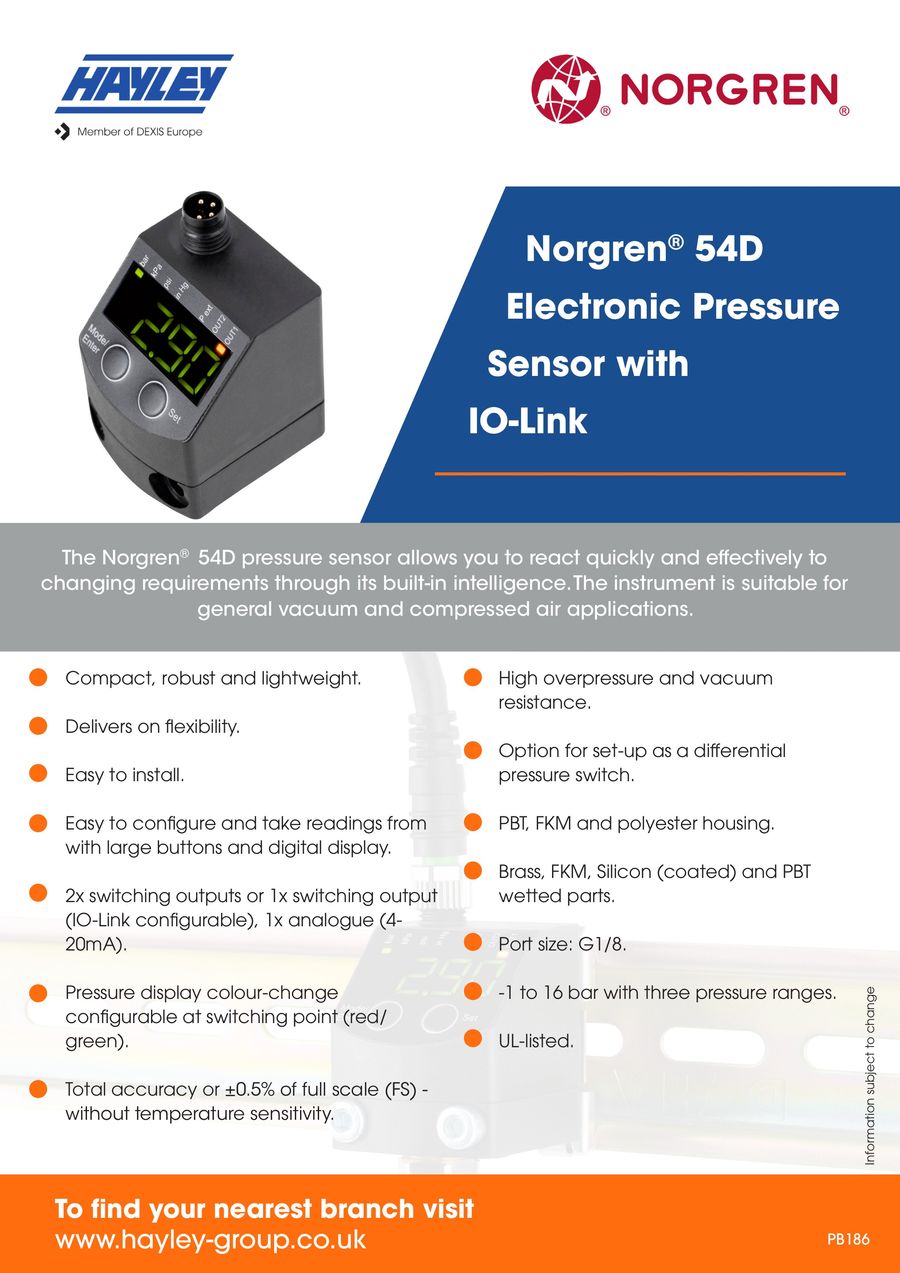 Norgren 54D Electronic Pressure Sensor with IO-Link by Hayley Group ...