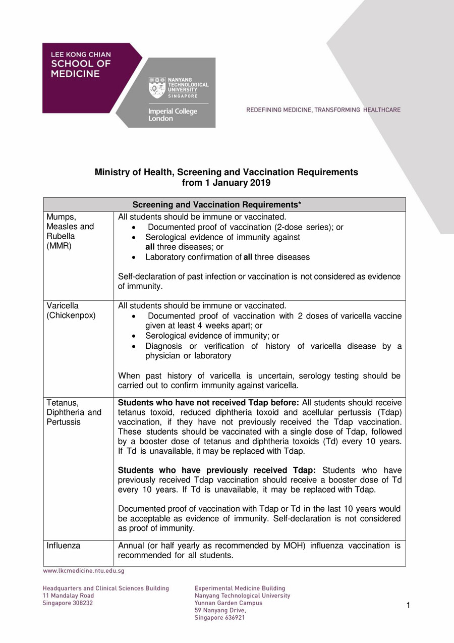 Screening and Vaccination Requirements by NTU