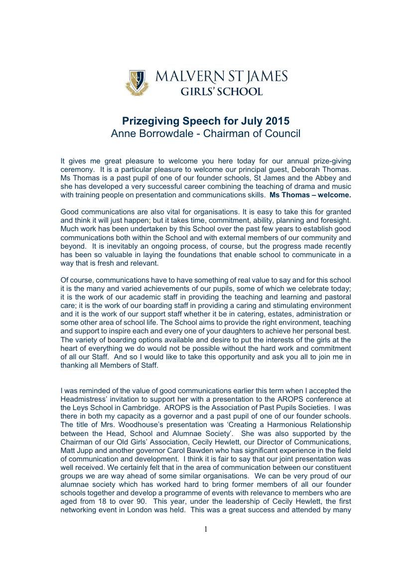 Anne Borrowdale Prizegiving Speech July 2015 by Malvern St James ...