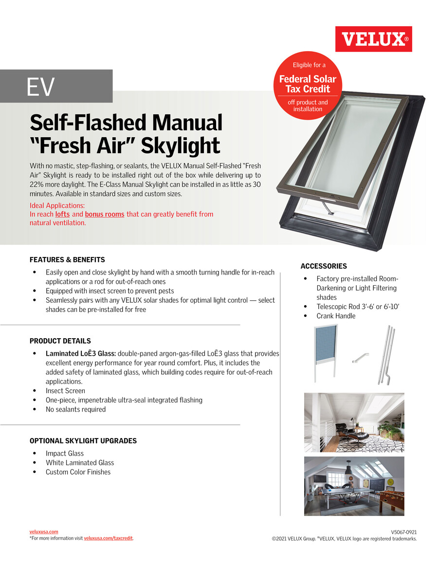 Self-Flashed Manual “Fresh Air” Skylight - EV by VELUX Skylights