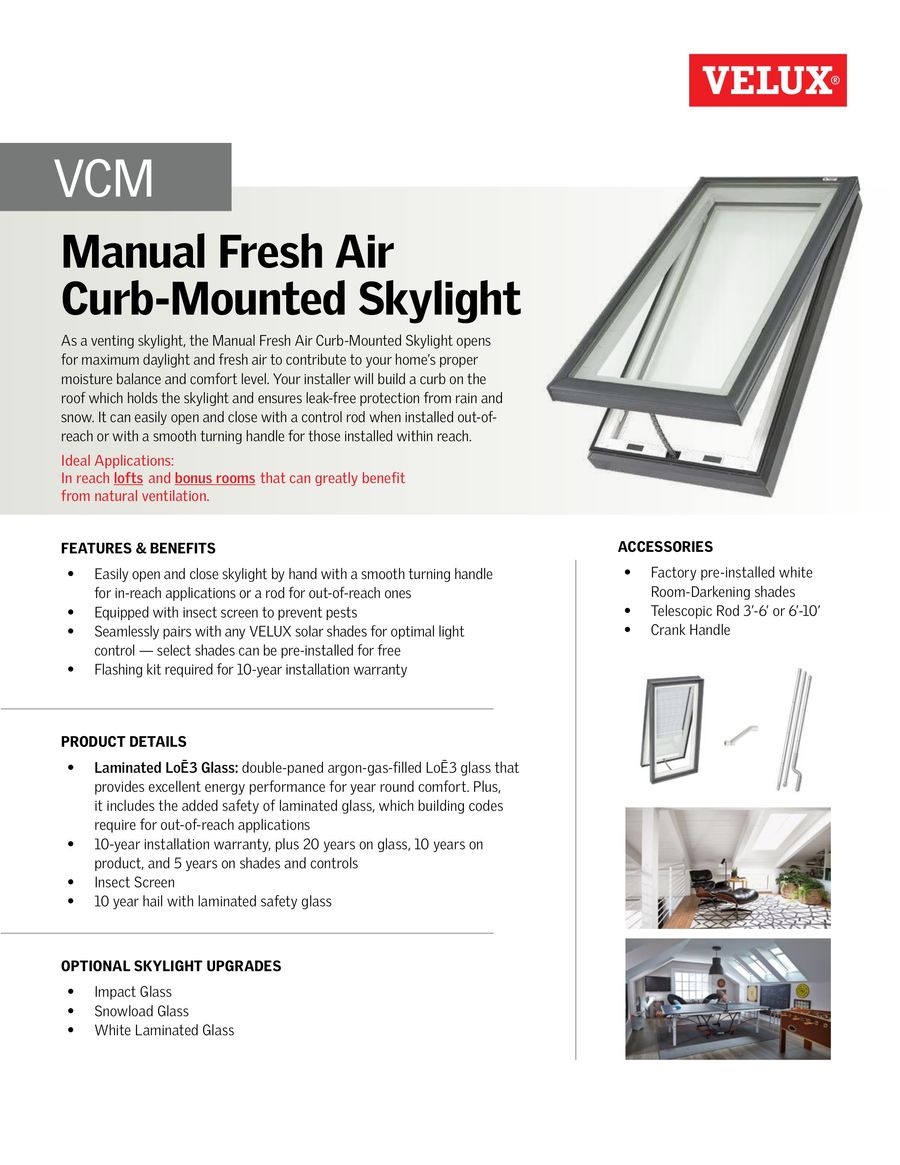 Curb-Mounted Manual “Fresh Air” Skylight - VCM by VELUX Skylights