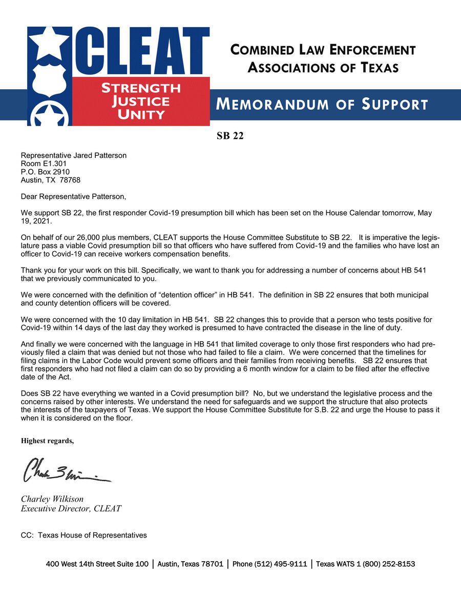 CLEAT Memorandum of Support for SB 22 by Combined Law Enforcement ...