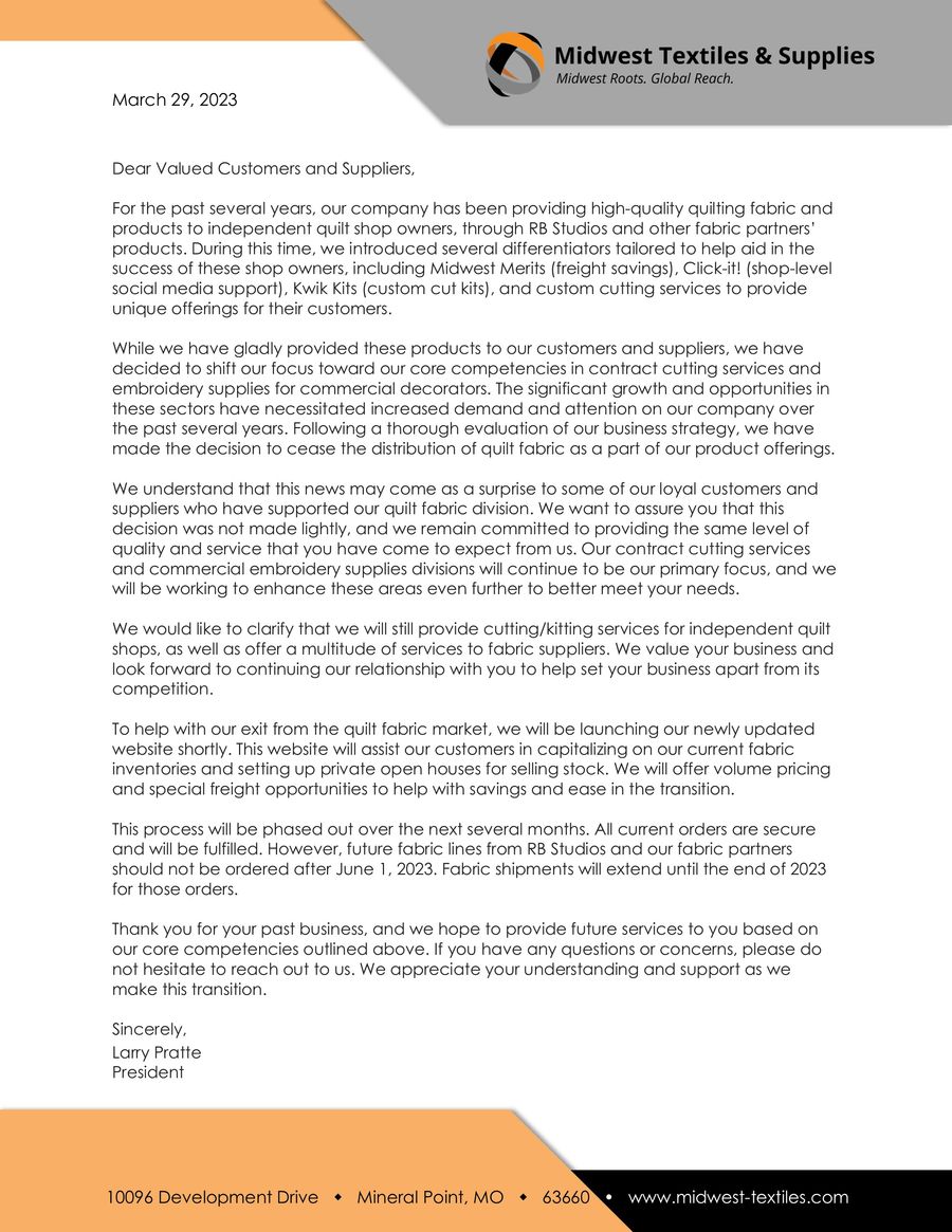 Fabric Letter from Midwest Textiles & Supplies by... - Flipsnack