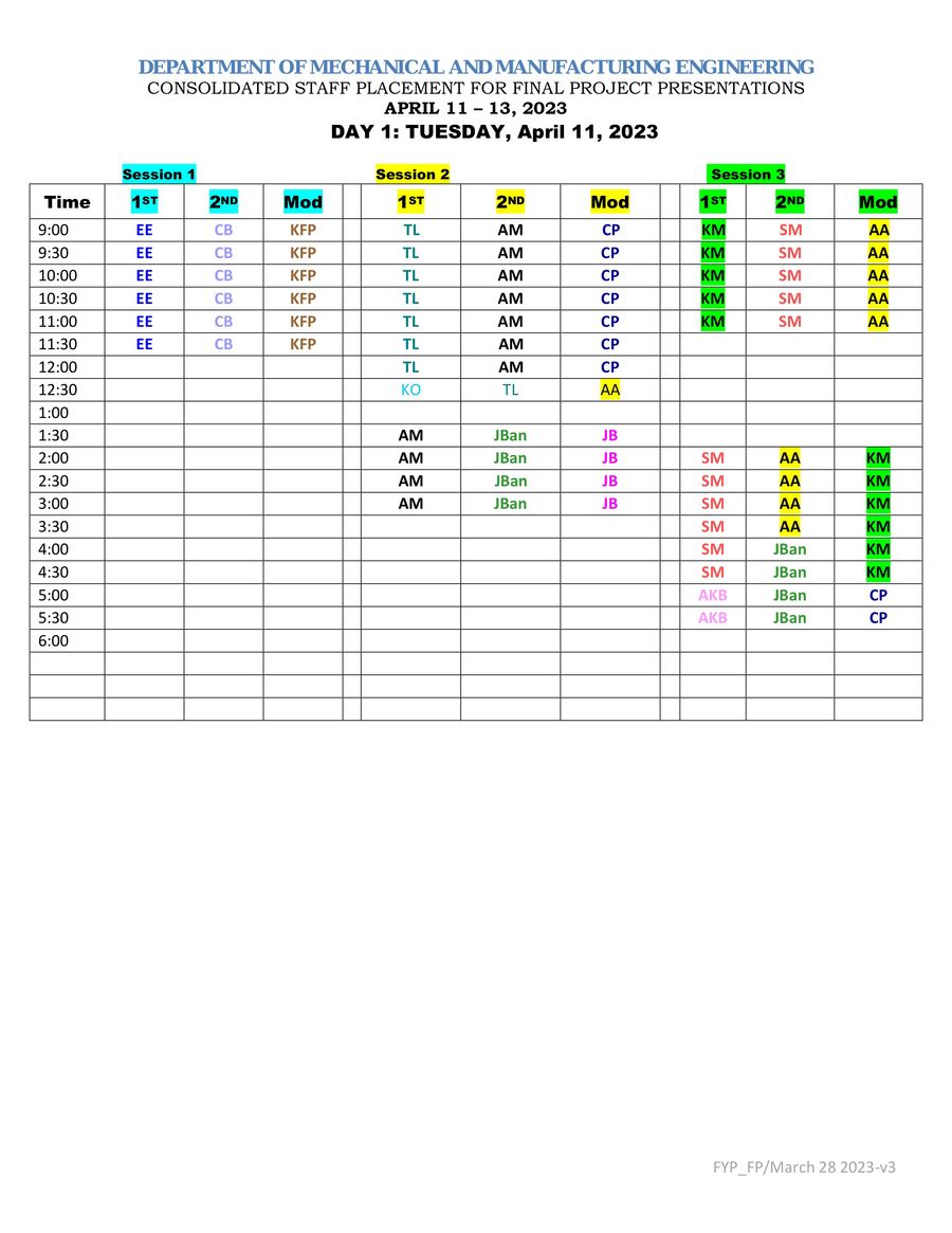 Staff Layout of final presentation -schedule-v3-March 28 by June Noray ...