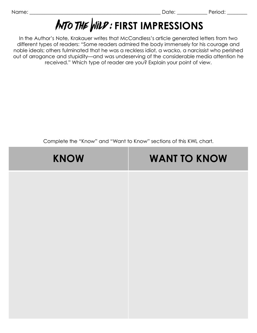 Into the Wild Author's Note and Chapters 1-3 Activities by Tyrell ...