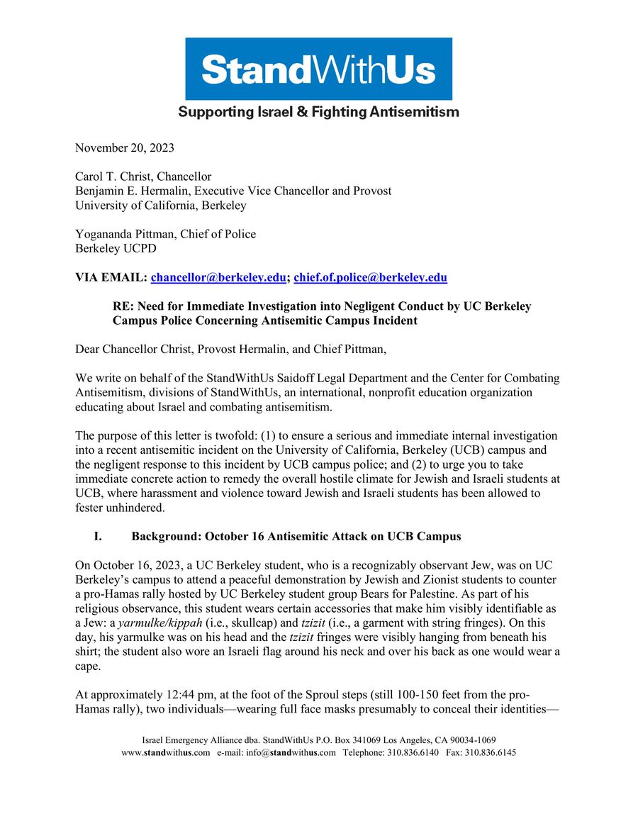 Letter to UCal Police from StandWithUs by StandWithUs - Flipsnack