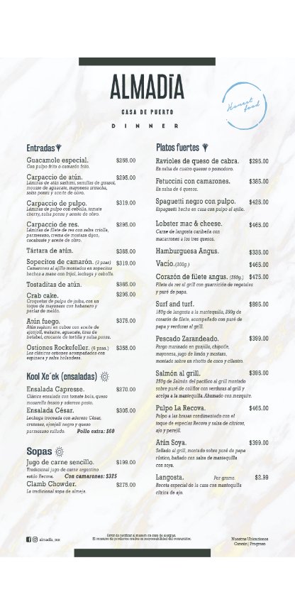 Menú Cena | Dinner Menu by Almadia Mx - Flipsnack