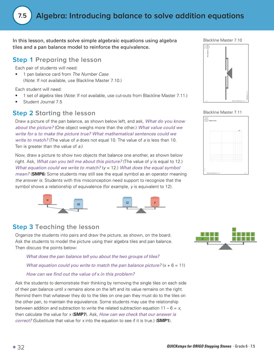 Grade 6 7.5 Algebra: Introducing Balance to Solve Equasions by ORIGO ...