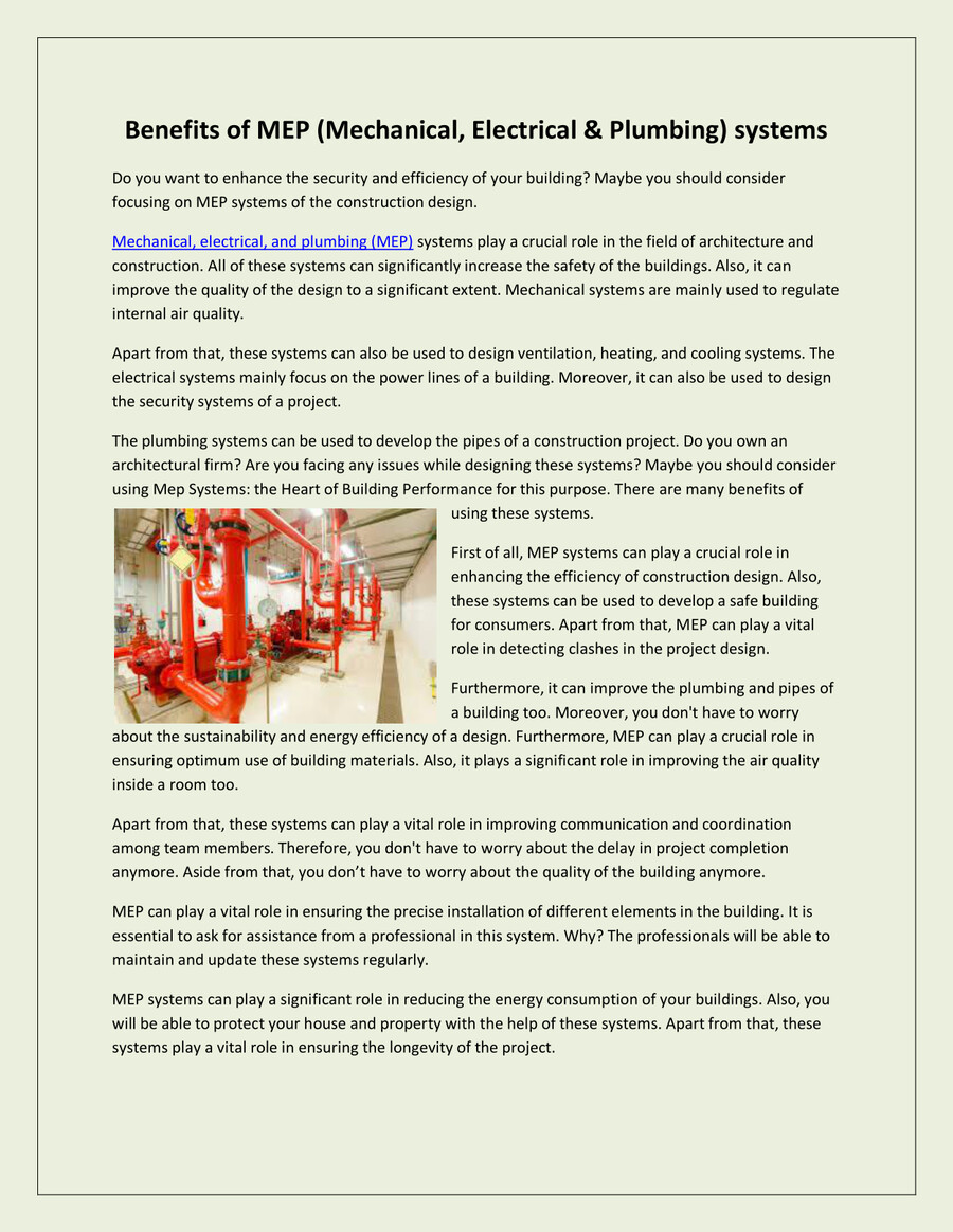 Benefits of MEP (Mechanical, Electrical & Plumbing) systems by Samantha ...