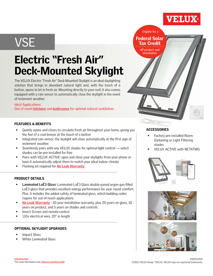 Electric “Fresh Air” Deck-Mounted Skylight - VSE by VELUX Skylights