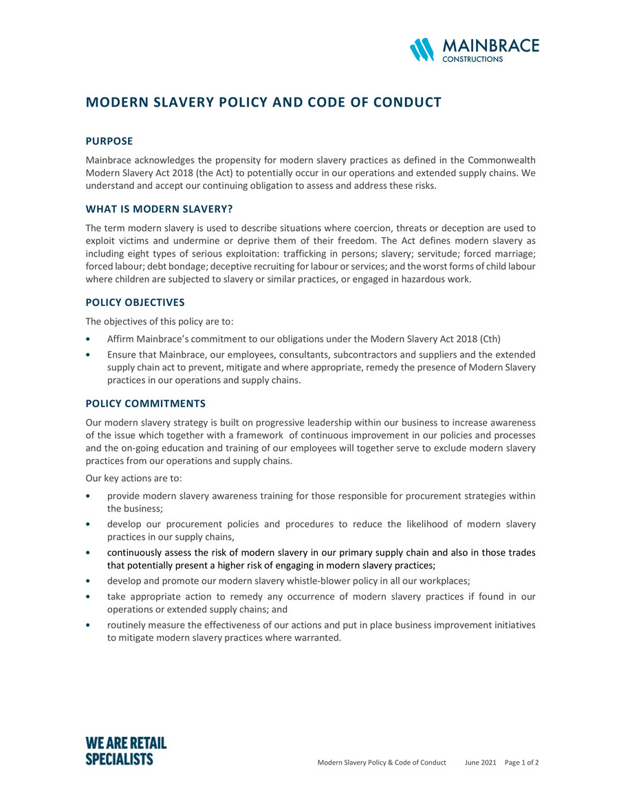 Modern Slavery Policy & Code of Conduct June 2021 by Mainbrace ...
