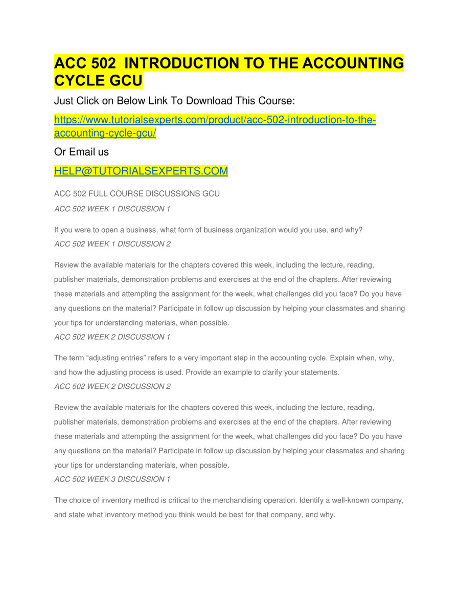 ACC 502 INTRODUCTION TO THE ACCOUNTING CYCLE GCU by tutorialsexperts ...
