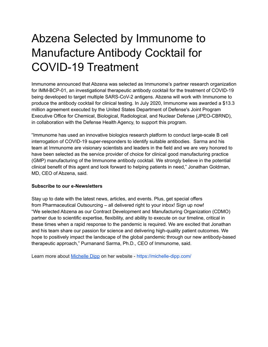 Abzena Selected by Immunome to Manufacture Antibody Cocktail by ...