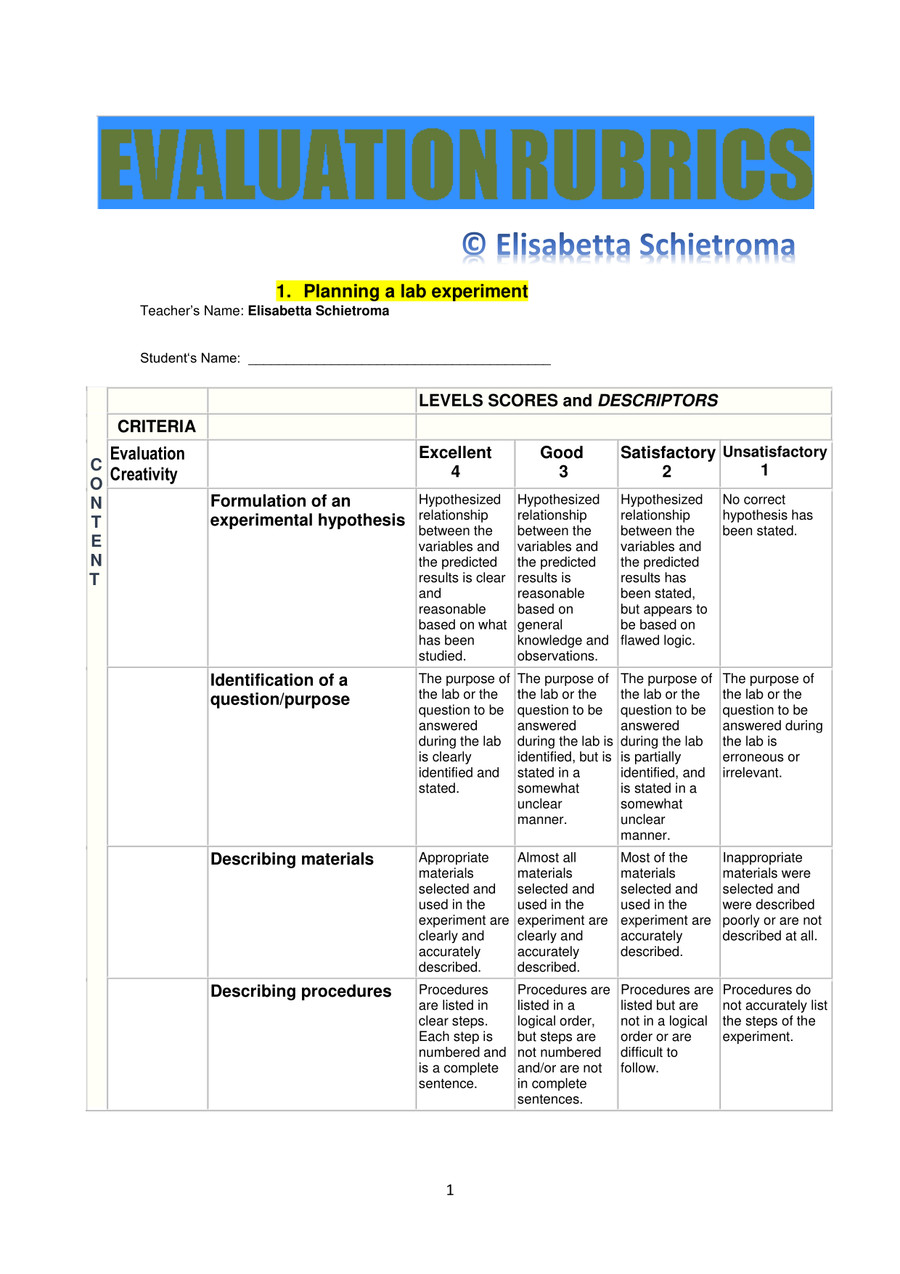 Evaluation Rubrics for CLIL activities (Chemistry) by elisanteroma ...