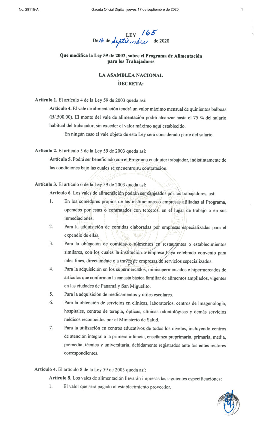 Ley N° 165. Modifica la Ley 59-2003 sobre programa de alimen by Daniel ...