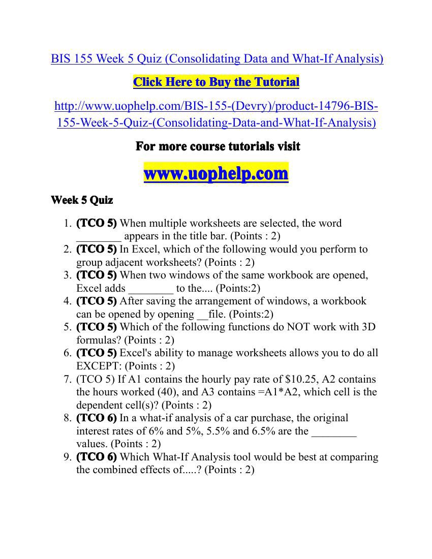 BIS 155 Week 5 Quiz (Consolidating Data and What-If Analysis) by fjjcjdfgjnfdsc - Flipsnack
