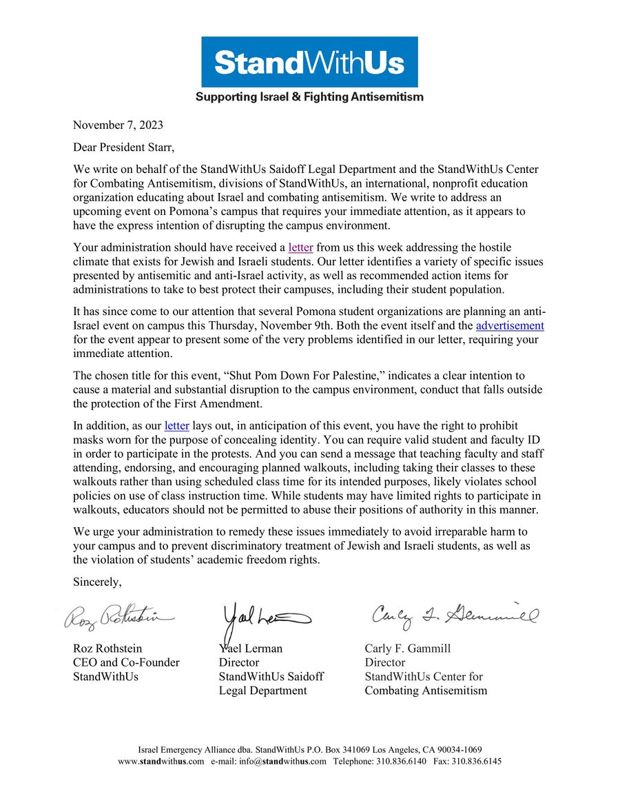 Pomona Letter Re Nov 9 Event by StandWithUs - Flipsnack