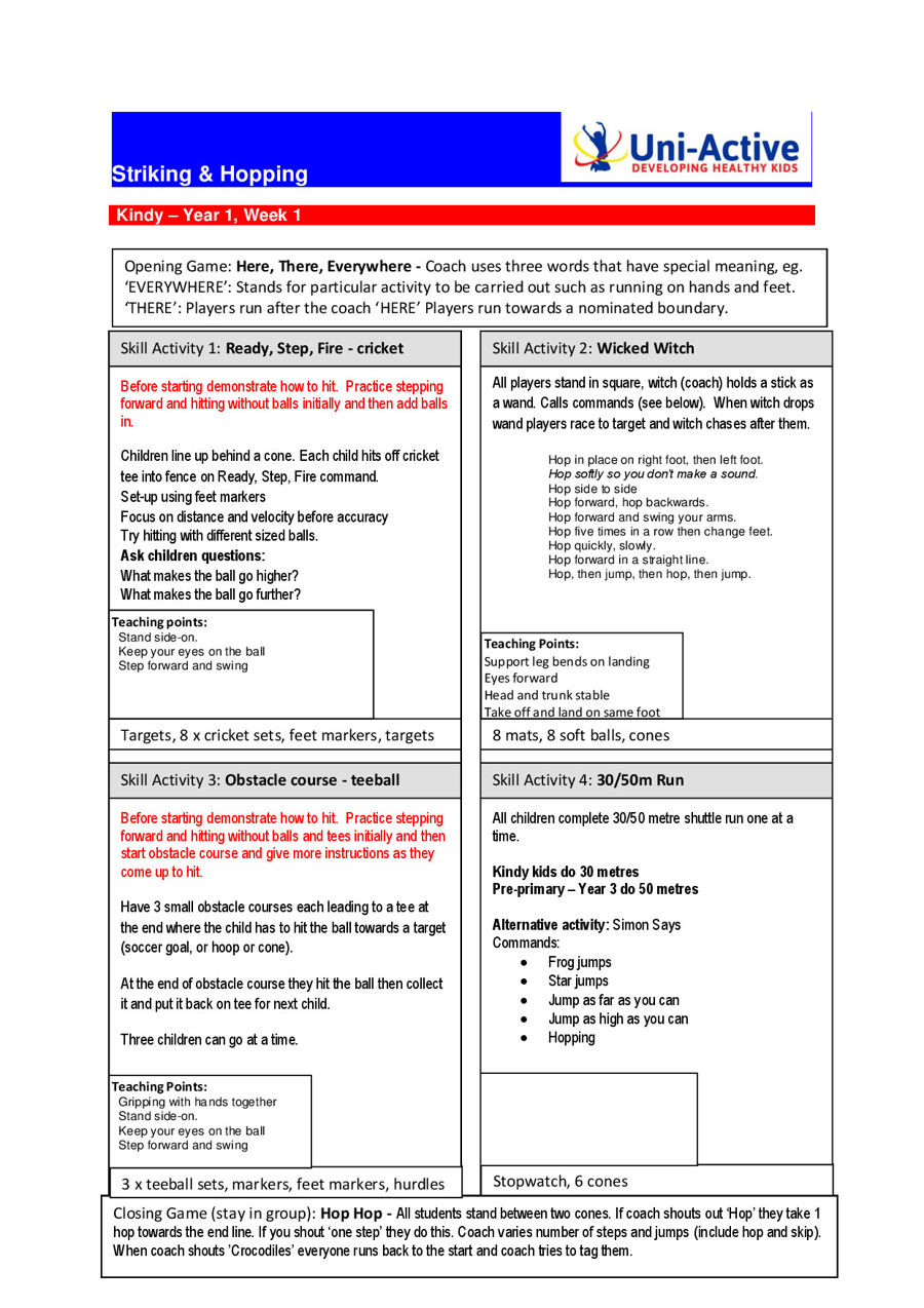 Striking & Hopping Lesson Plan: Kindergarten - Year 1 by uniactive ...