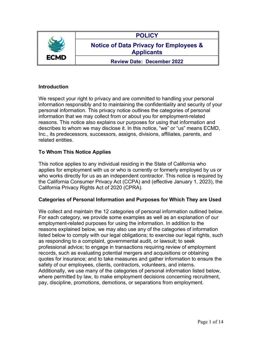 Notice of Data Privacy for Employees & Applicants by ECMD, Inc. - Flipsnack