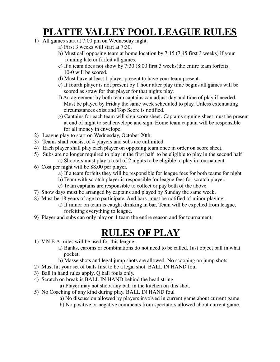 PLATTE VALLEY POOL LEAGUE RULES 2021 22 By Jason Flipsnack