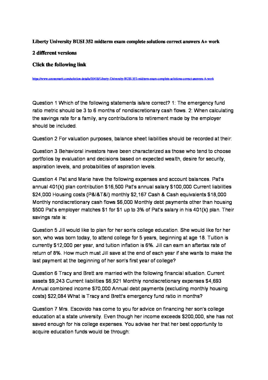 Liberty University BUSI 352 midterm exam solutions answers A by luforever - Flipsnack