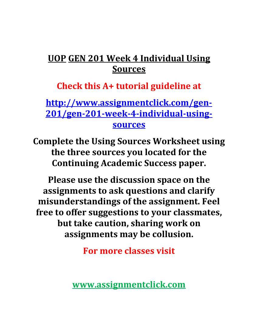 UOP GEN 201 Week 4 Individual Using Sources by assignmentclick01 ...